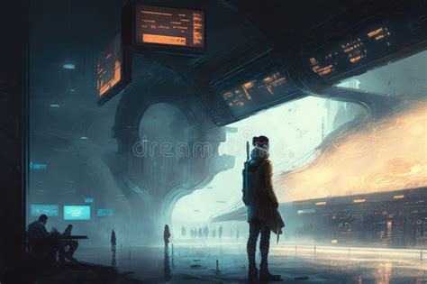 Futuristic Terminal Connected To A Massive Data Network Digital Art Poster Ai Generation Stock