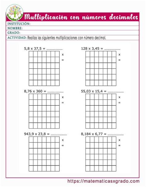 Hojas De Trabajo De Multiplicación De Decimales Sexto Grado