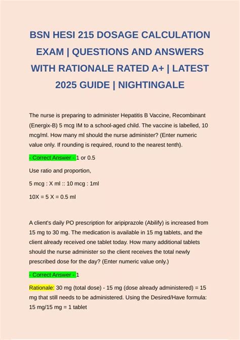 bsn hesi 215 dosage calculation exam questions and answers with