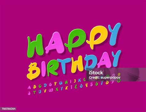 벡터 밝은 인사말 카드 생일 축하합니다 다채로운 알파벳 문자와 숫자 세트 그림자에 대한 스톡 벡터 아트 및 기타 이미지