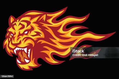 호랑이 포효 머리 화재 불타는 불꽃 로고 벡터 마스코트 디자인 호랑이에 대한 스톡 벡터 아트 및 기타 이미지 호랑이 불 불길 Istock