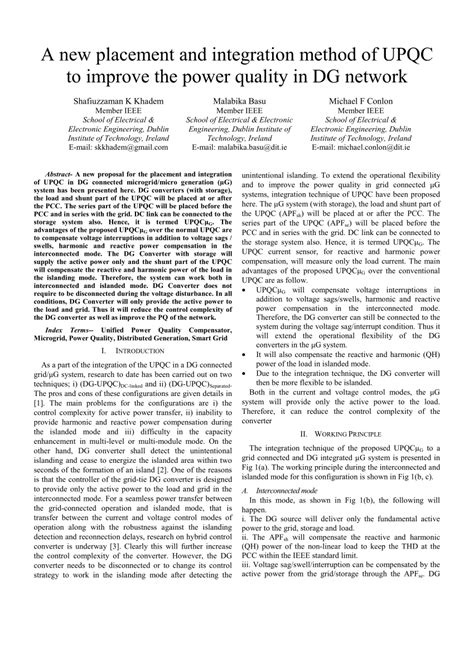 Pdf A New Placement And Integration Method Of Upqc To Improve The Power Quality In Dg Network
