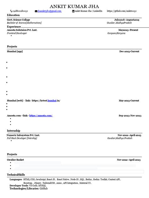 Ankit Jha Cv 1 1 Pdf Java Script My Sql