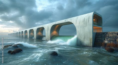 Tidal Energy Barrage 3d Structure Spanning A Coastal Estuary Harnessing The Power Of Tidal