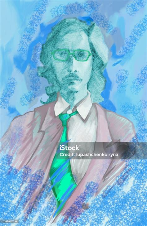 패셔너블한 일러스트 바람 바람 현대 미술 인상주의 내 컬러 수채화 그리기 종이 수직 초상화 그림에 정장과 긴 머리를 안경에 묶어 겨울 색조의 추상적 인 배경 건강관리와