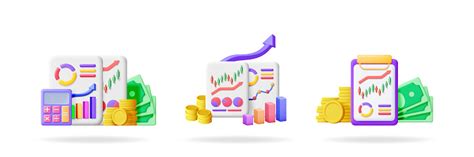 비즈니스 성공을 위한 차트 그래프 계산기 돈 및 동전이 포함된 금융 및 투자 분석 문서의 3d 벡터 세트 모음입니다 3차원 형태에 대한 스톡 벡터 아트 및 기타 이미지