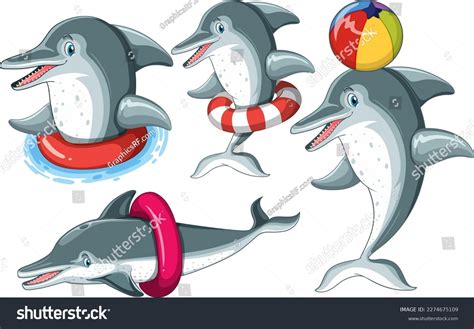 Cute Dolphin Cartoon Characters Collection Illustration Stock Vector