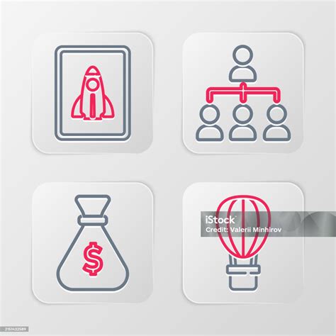 라인 열기구 돈 가방 계층 구조 오가노그램 차트 및 시작 프로젝트 개념 아이콘을 설정합니다 벡터 가방에 대한 스톡 벡터 아트 및