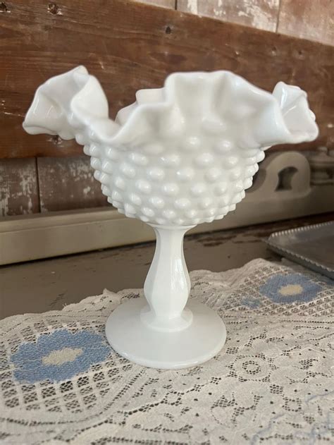 Vintage Candy Bowl Dish With Pedestal Base Ruffled Fluted Hobnail Milk