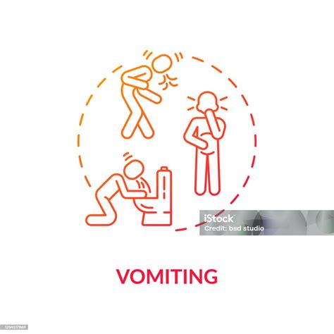 구토 빨간 개념 아이콘 화장실에서 인간의 Puking 소화 불량 환자 복통과 통증 로타바이러스 증상 아이디어 얇은 선 일러스트 벡터 격리 윤곽선 Rgb 색상 도면 구역에