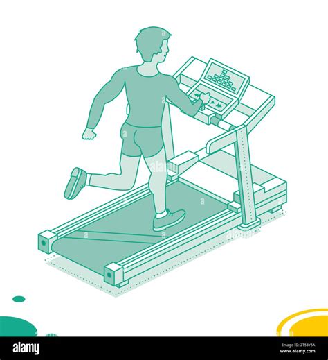 Isometric Running Man On Treadmill Running Simulator Vector Illustration Outline Object