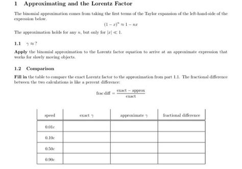 Solved 1 Approximating And The Lorentz Factor The Binomial