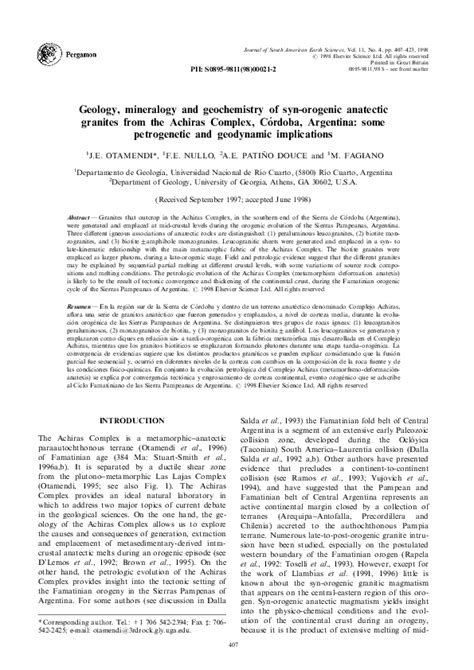 Pdf Geology Mineralogy And Geochemistry Of Syn Orogenic Anatectic Granites From The Achiras