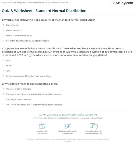 Quiz And Worksheet Standard Normal Distribution