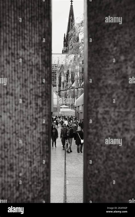 A Greyscale Shot Of The Cologne Cathedral Between Two Stone Columns In Cologne Germany Stock