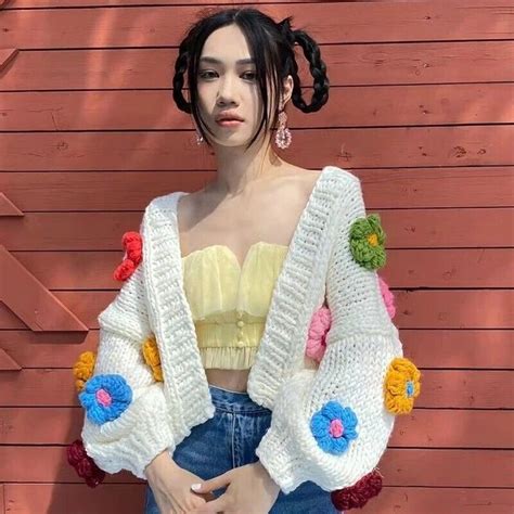 Harajuku Flower Cardigan Sweater Women Sweet Cute Long Sleeve Crop Knit