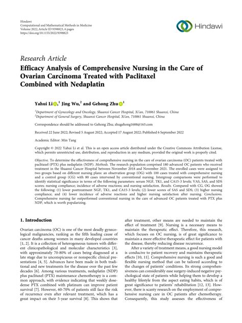 Pdf Efficacy Analysis Of Comprehensive Nursing In The Care Of Ovarian Carcinoma Treated With