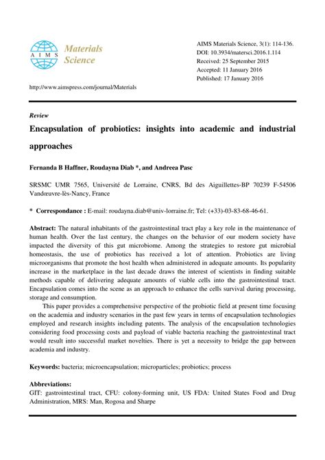 Pdf Encapsulation Of Probiotics Insights Into Academic And Industrial Approaches