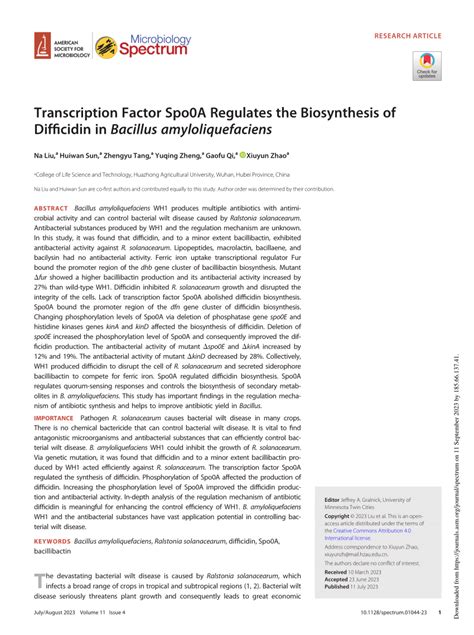 Pdf Transcription Factor Spo0a Regulates The Biosynthesis Of Difficidin In Bacillus