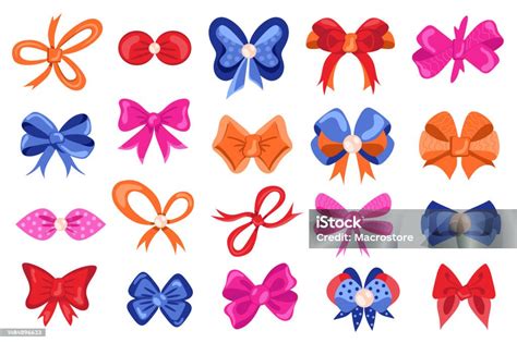 플랫 디자인의 활 메가 세트 요소 다양한 종류와 색상의 번들 선물 초대 인사말 및 장식 패키지를위한 장식용 활 벡터 그림 격리된 그래픽 개체 공단에 대한 스톡 벡터 아트 및