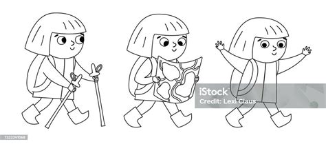 여름 활동을하고 흑인과 백인 소녀 북유럽 스틱 배낭 지도로 걷는 귀여운 윤곽선 아이 벡터 여름 캠프 세트 캠핑 캐릭터 컬렉션