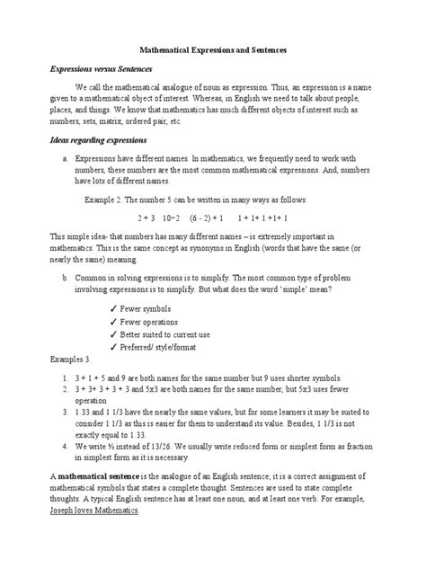 Lesson 5 Mathematical Expressions And Sentences Pdf Multiplication