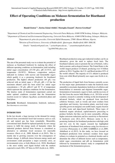 Pdf Effect Of Operating Conditions On Molasses Fermentation For Bioethanol Production