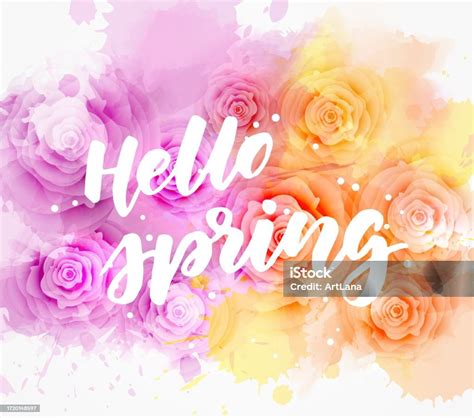 Hello Spring 손으로 쓴 현대 서예 영감 텍스트는 여러 가지 빛깔의 수채화 꽃 배경에 추상적인 점 장식이 있습니다 0