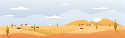 가을 자연 조경 해안 벡터 일러스트 노란 들판에 농장 마을 주택 아름다운 자연 해안선 바다 경관 배경만화 가을 시골 풍경 들에