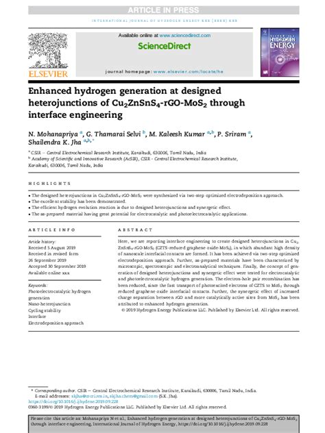 Pdf Enhanced Hydrogen Generation At Designed Heterojunctions Of Cu2znsns4 Rgo Mos2 Through