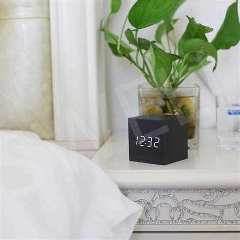 Digital Alarm Clock Wood Led Light Mini Modern Cube Desk Alarm Clock