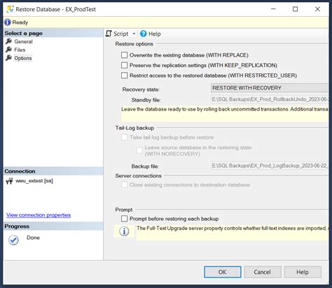 Ssms Restore Database Trail Log And Server Connections Options Are