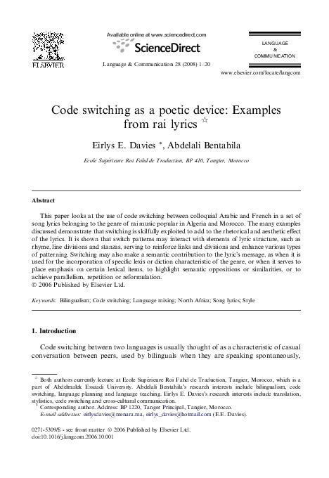 Pdf Code Switching As A Poetic Device Examples From Rai Lyrics Eirlys Davies