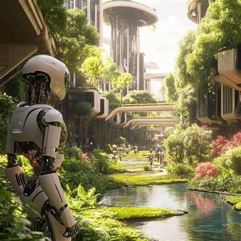 Robot Utopia With Lush Green Spaces Robots Maintaining Artificial Parks