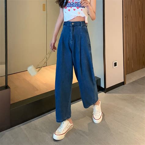 1color 빈티지 캐주얼 와일드 박시한 주름 모던 데일리 하이웨스트 진 날씬해 보이는 9부 블루 와이드 데님 팬츠