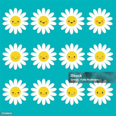 화이트 데이지 카모마일 아이콘 이모티콘 세트 세트 재미 있는 귀여운 만화 캐릭터 감정 컬렉션입니다 카모마일에 대한 스톡 벡터 아트 및 기타 이미지 Istock