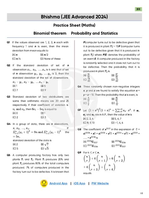 Binomial Theorem And Probability And Statistics Practice Sheet Pdf