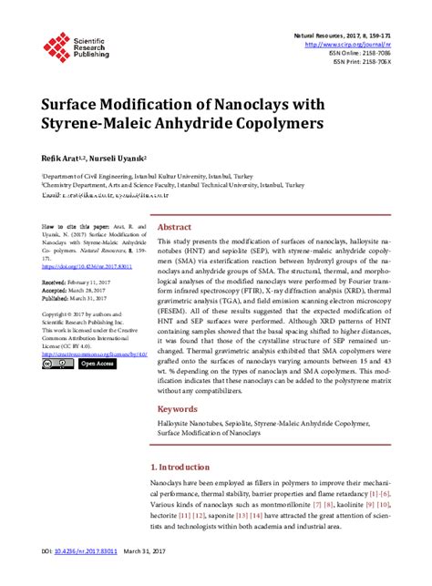 Pdf Surface Modification Of Nanoclays With Styrene Maleic Anhydride
