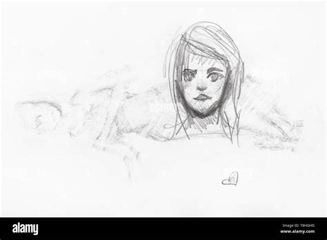 Sketch Of Head Of Girl Over Shadow Body With Hand Drawn By Black Pencil On White Paper Stock