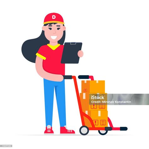 클립 보드와 트롤리와 상자 평면 스타일 디자인 벡터 일러스트 레이 션에 빠른 배달 여자 캐릭터 그녀의 손에 클립 보드와 배달