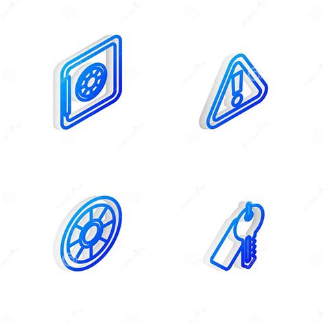 Set Isometric Line Exclamation Mark In Triangle Safe And Marked Key Icon Vector Stock