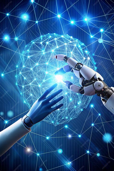 Machine Learning Hand Touch A Robot On Network And Binary Data Futuristic Artificial