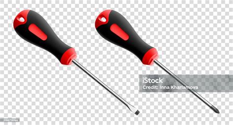 일자 드라이버와 십자 드라이버는 투명한 배경에 격리되어 있습니다 검은 색과 빨간색 긴 드라이버 주택 수리 및 기계 작업을위한 금속 도구 사실적인 3d 벡터