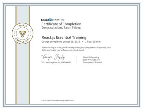 Certificate Of Completion Reactjs Essential Training 3 Pdf
