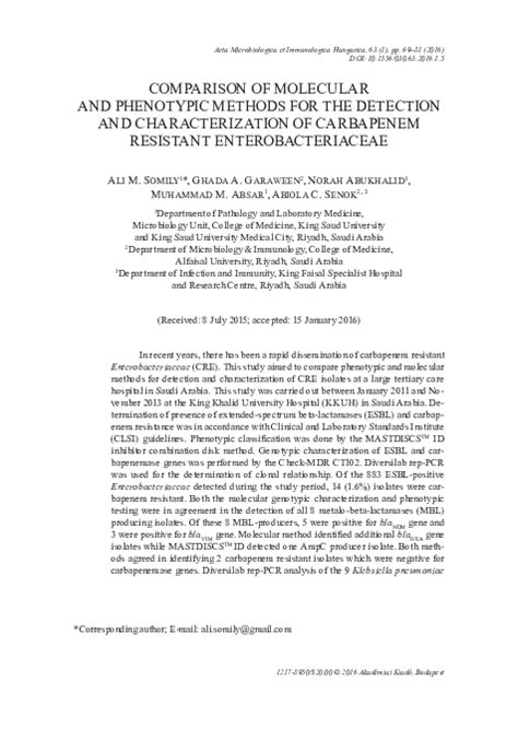 Pdf Comparison Of Molecular And Phenotypic Methods For The Detection And Characterization Of