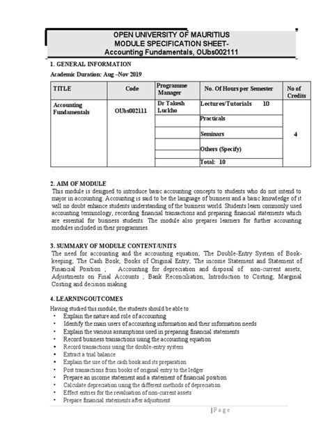 Open University Of Mauritius Module Specification Sheet Accounting