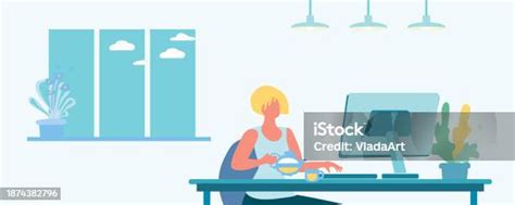 컴퓨터에서 여학생 원격 작업 프리랜서 만화 평면 벡터 일러스트 레이 션 개념에 대한 스톡 벡터 아트 및 기타 이미지 개념