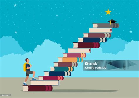 별에 도달하기 위해 책으로 만든 계단을 오르는 배낭을 가진 소년 계단에 대한 스톡 벡터 아트 및 기타 이미지 계단 층계 학생 Istock