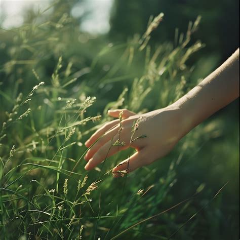 Hand Touching Tall Grass In Sunlight Premium Ai Generated Image