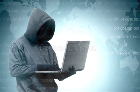 Hacker In Black Hoodie Holding Laptop With His Hand And Virtual Screen Display The Server Data